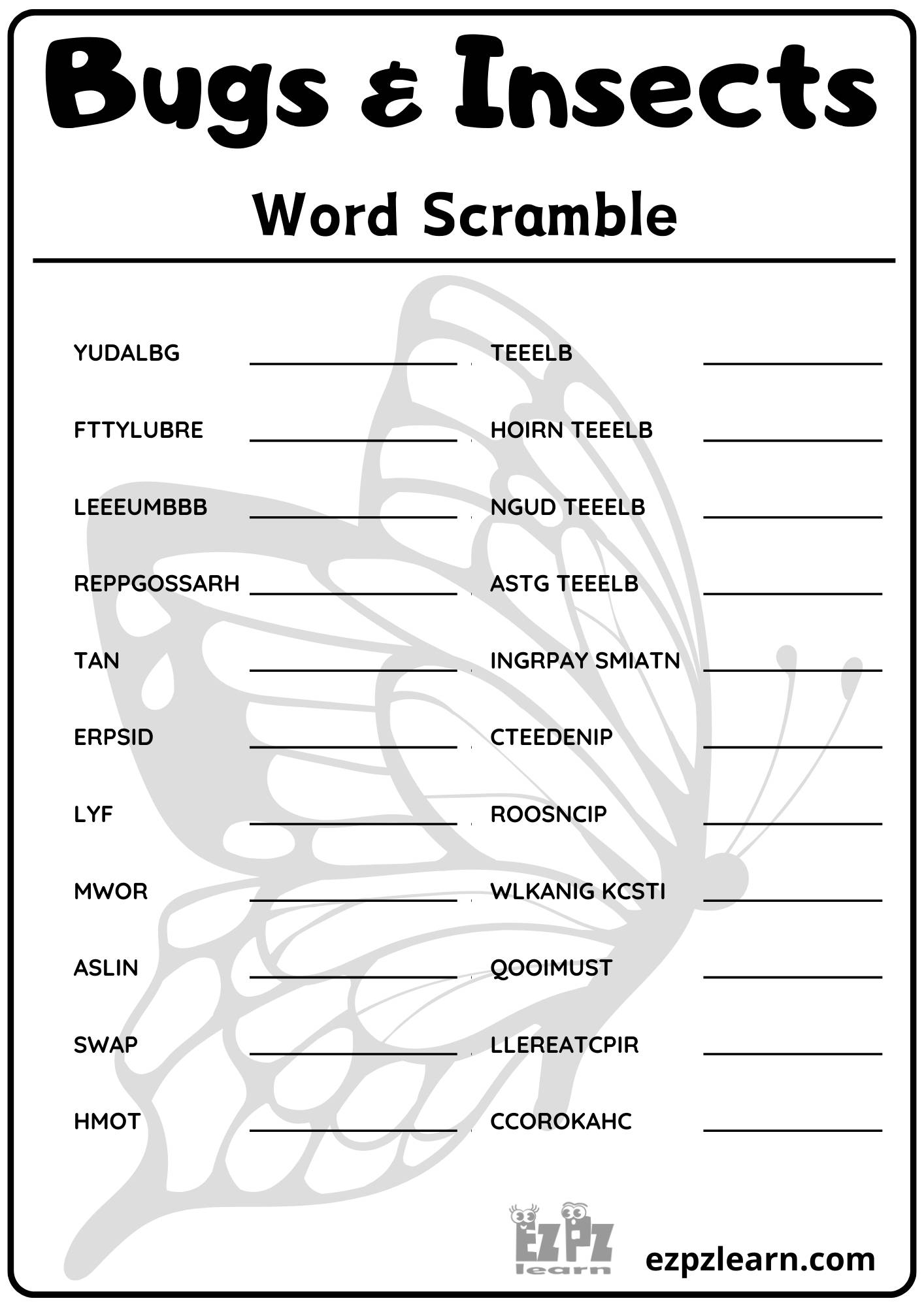 Insects and Bugs Word Scramble 22 Vocabulary Words Free Printable PDF File - Ezpzlearn.com